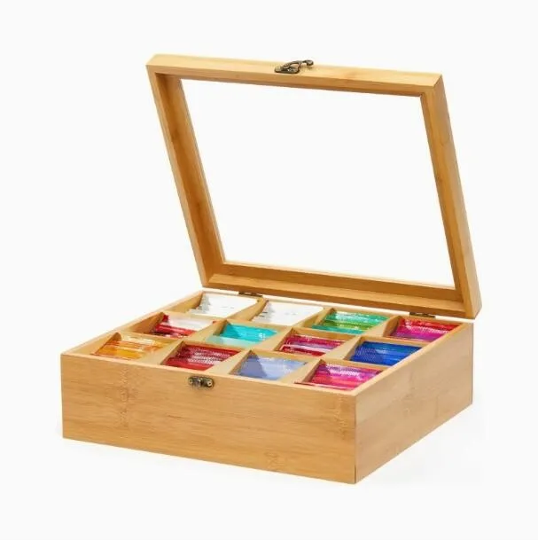 Bamboo 12 Compartments Tea Storage Box With Acrylic Window ...