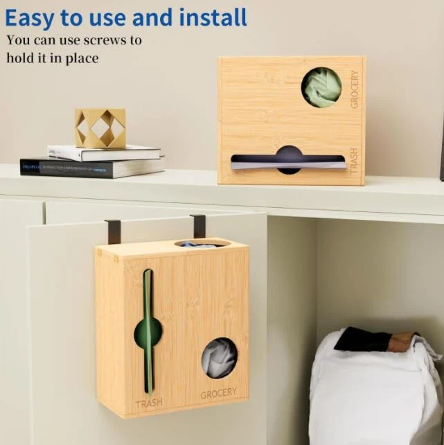 Home Kitchen Wooden Grocery Bags Holder Wall Mount Bamboo Trash Bag ...